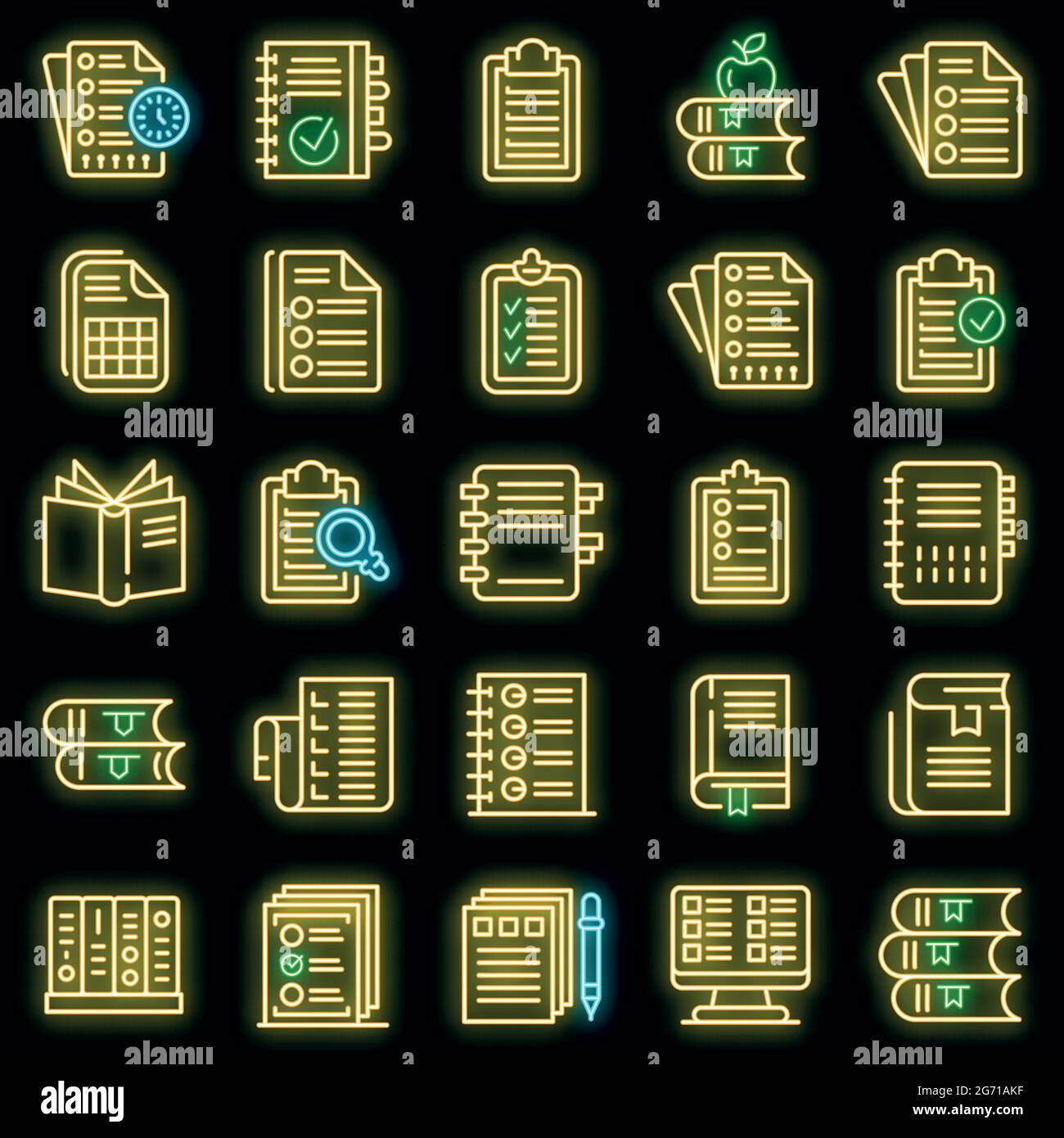 Syllabus icons set. Outline set of syllabus vector icons neon color on ...