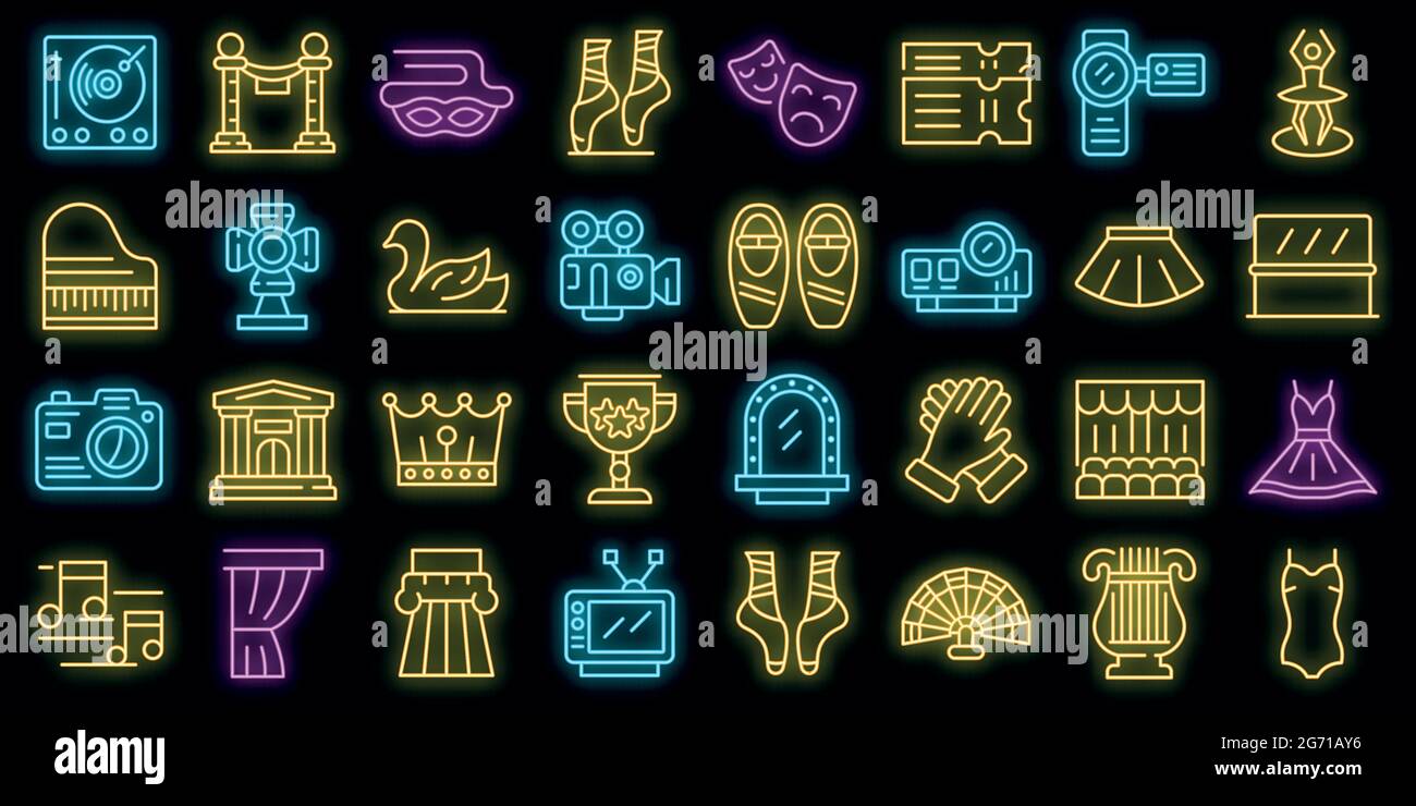 Ballet icons set. Outline set of ballet vector icons neon color on ...