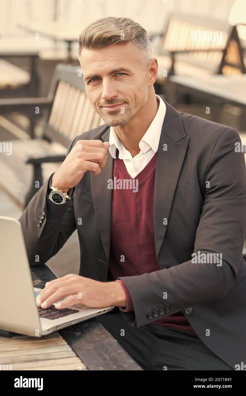 Career becomes easy. Professional man work online. Using computer ...