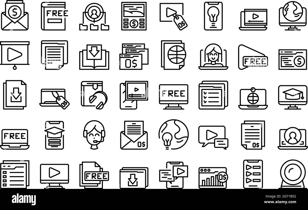 Free course icons set outline vector. Virtual computer class. Free app ...