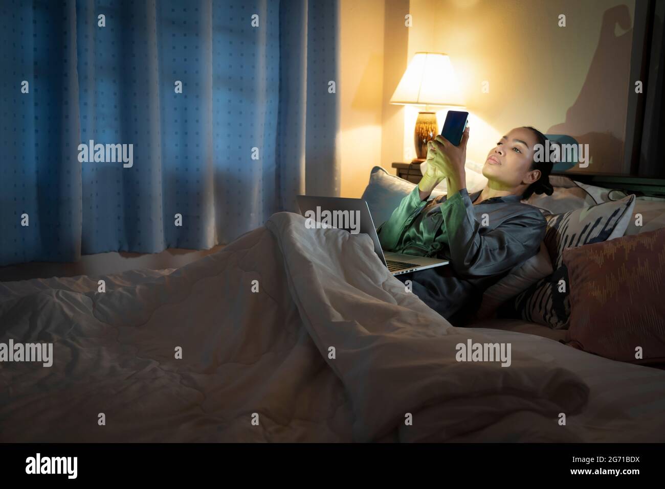 Focus on hand. woman people in robe using smart cellphone.Sad Depressed ...