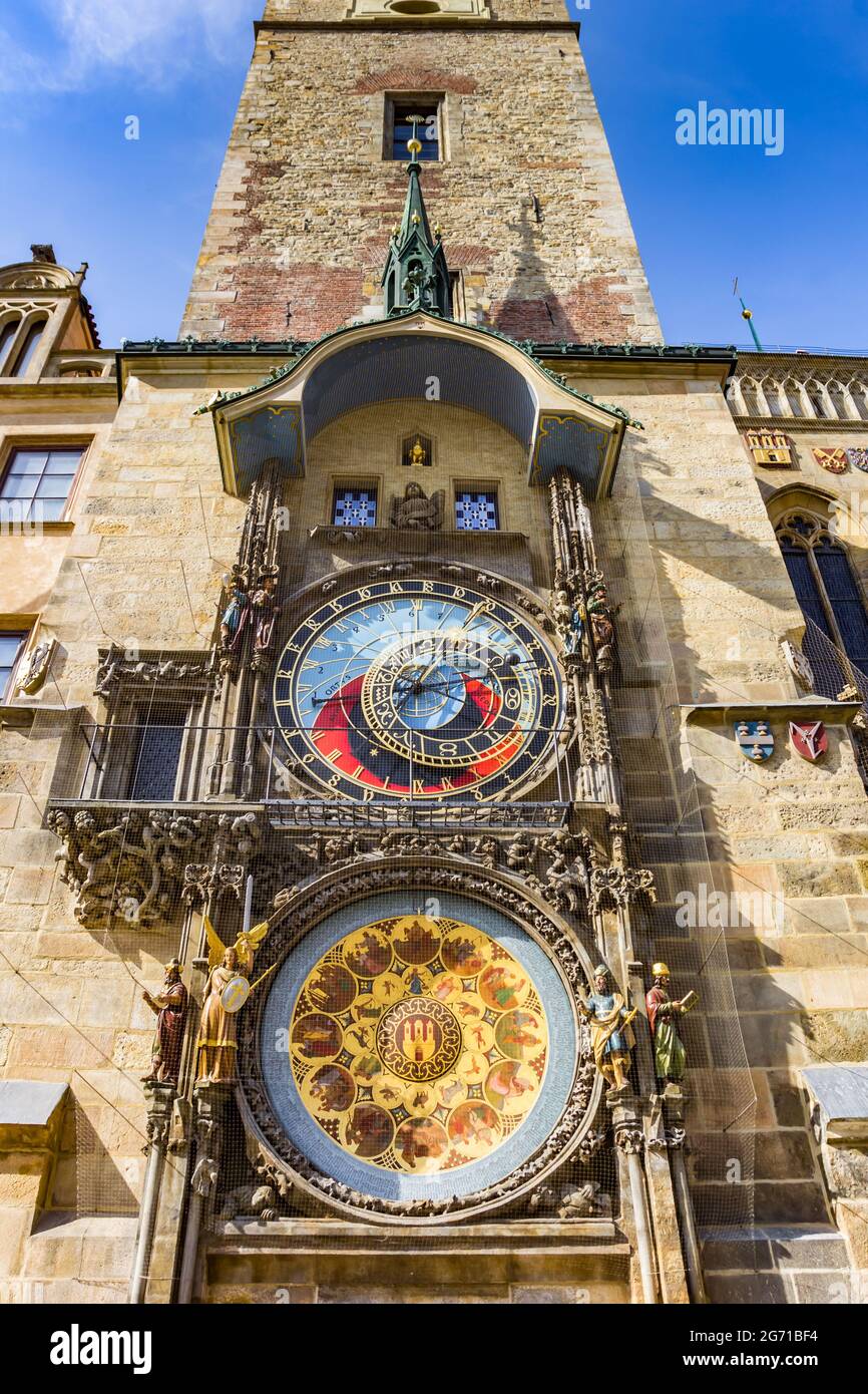 Tower of the historic town hall with astronomical clock in Prague ...