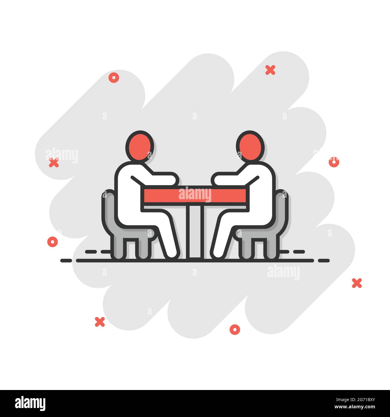People with table icon in comic style. Teamwork conference cartoon ...