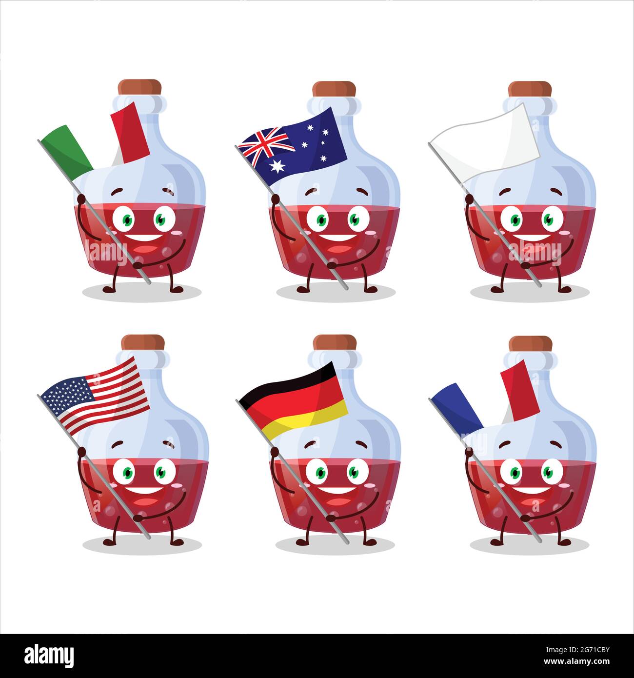 Red magic potion cartoon character bring the flags of various countries ...