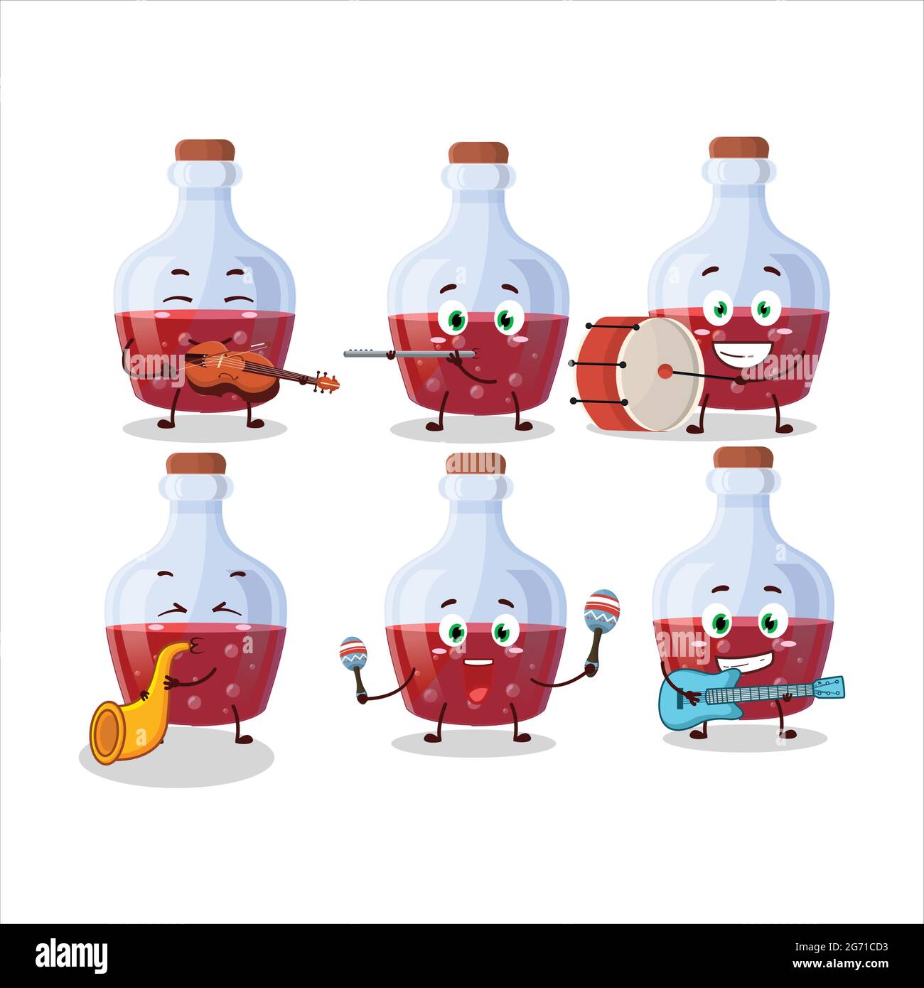 Cartoon character of red magic potion playing some musical instruments ...