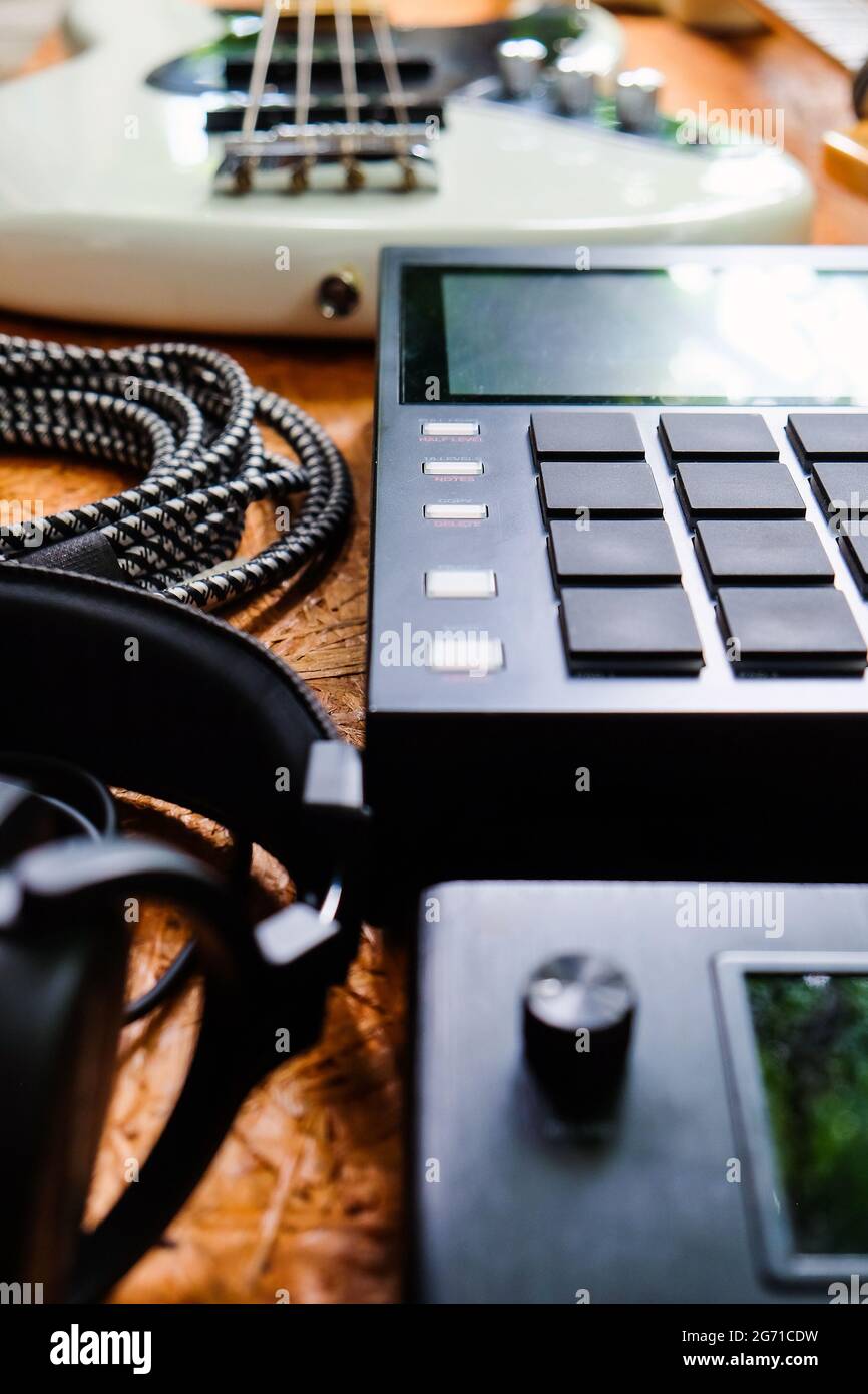 Close up instruments music background concept,Guitar and music studio ...