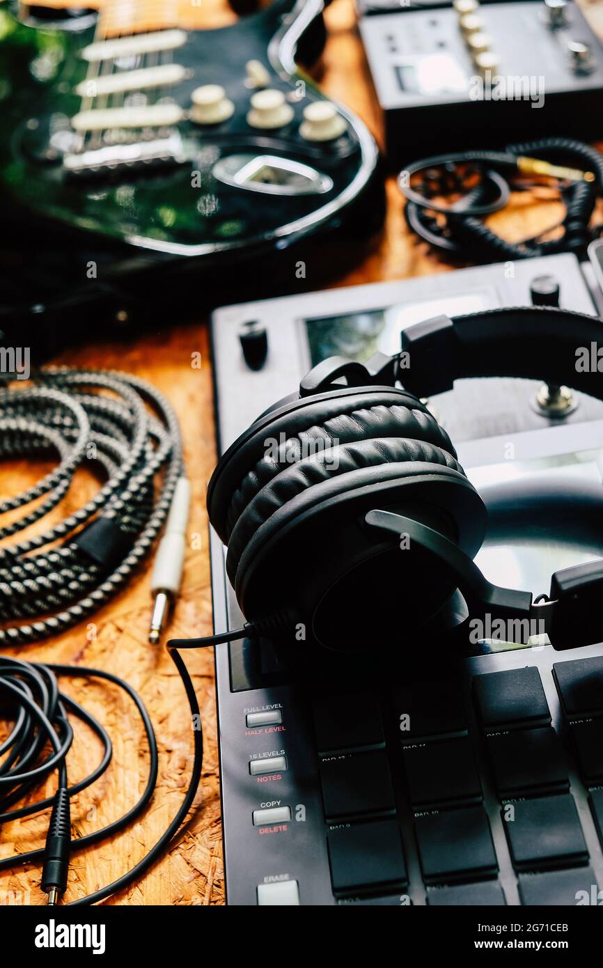 Close up instruments music background concept,Guitar and music studio ...