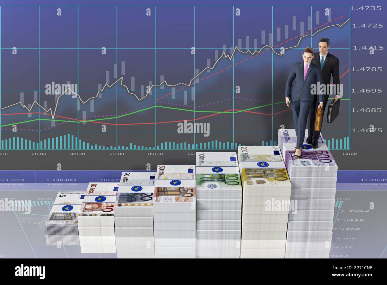 3D illustration. Businessman and businesswoman climb economic and ...