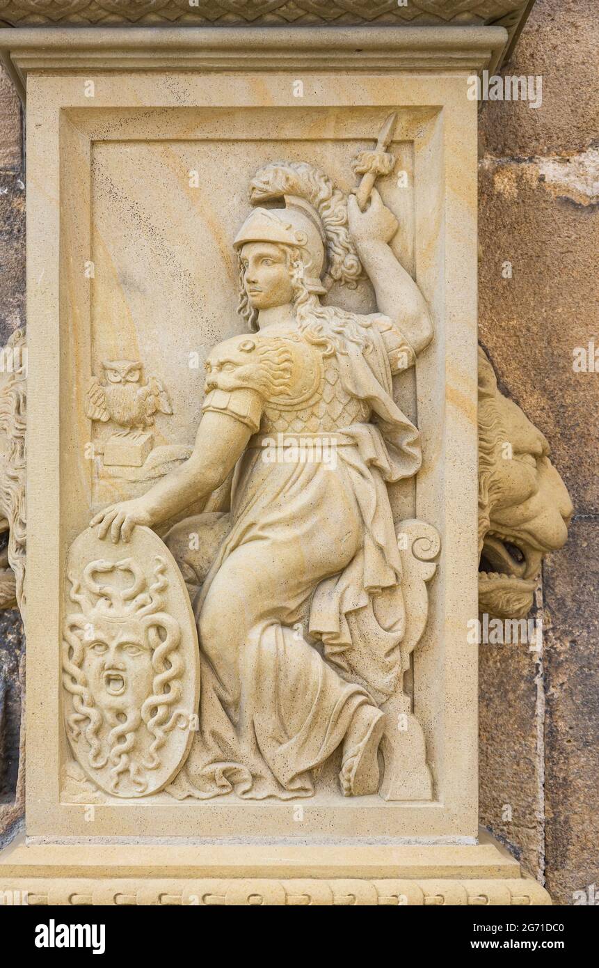 Freshly restored image of Goddess Pallas Athena as a stone relief on a ...