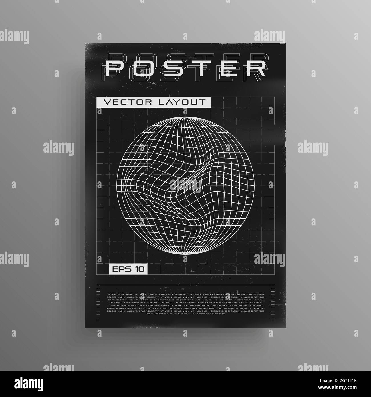 Retro cyberpunk poster with wireframe liquid distorted planet. Black ...