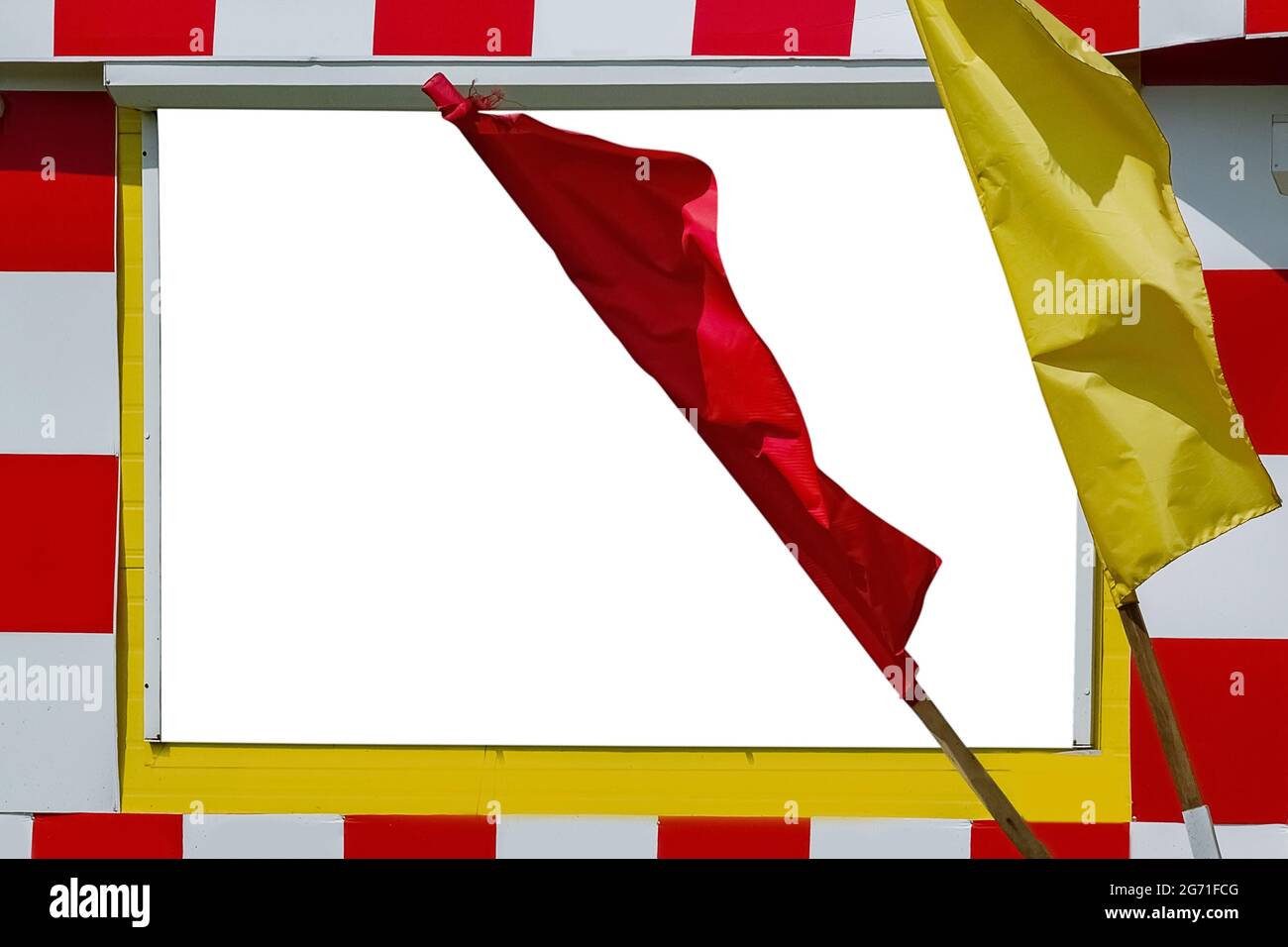 Texture of multi-colored festive red, yellow flags made of fabric ...