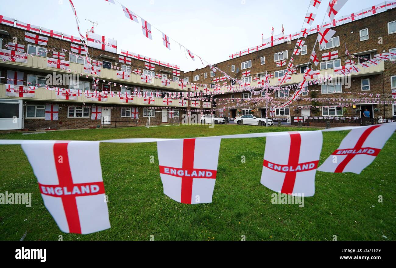 England flags festoon the grounds and edifices of Towfield Court ...