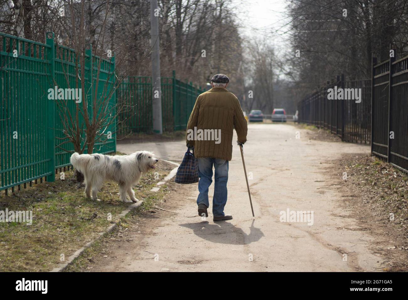 The Old Man Is Walking Down The Street An Elderly Man With A Support
