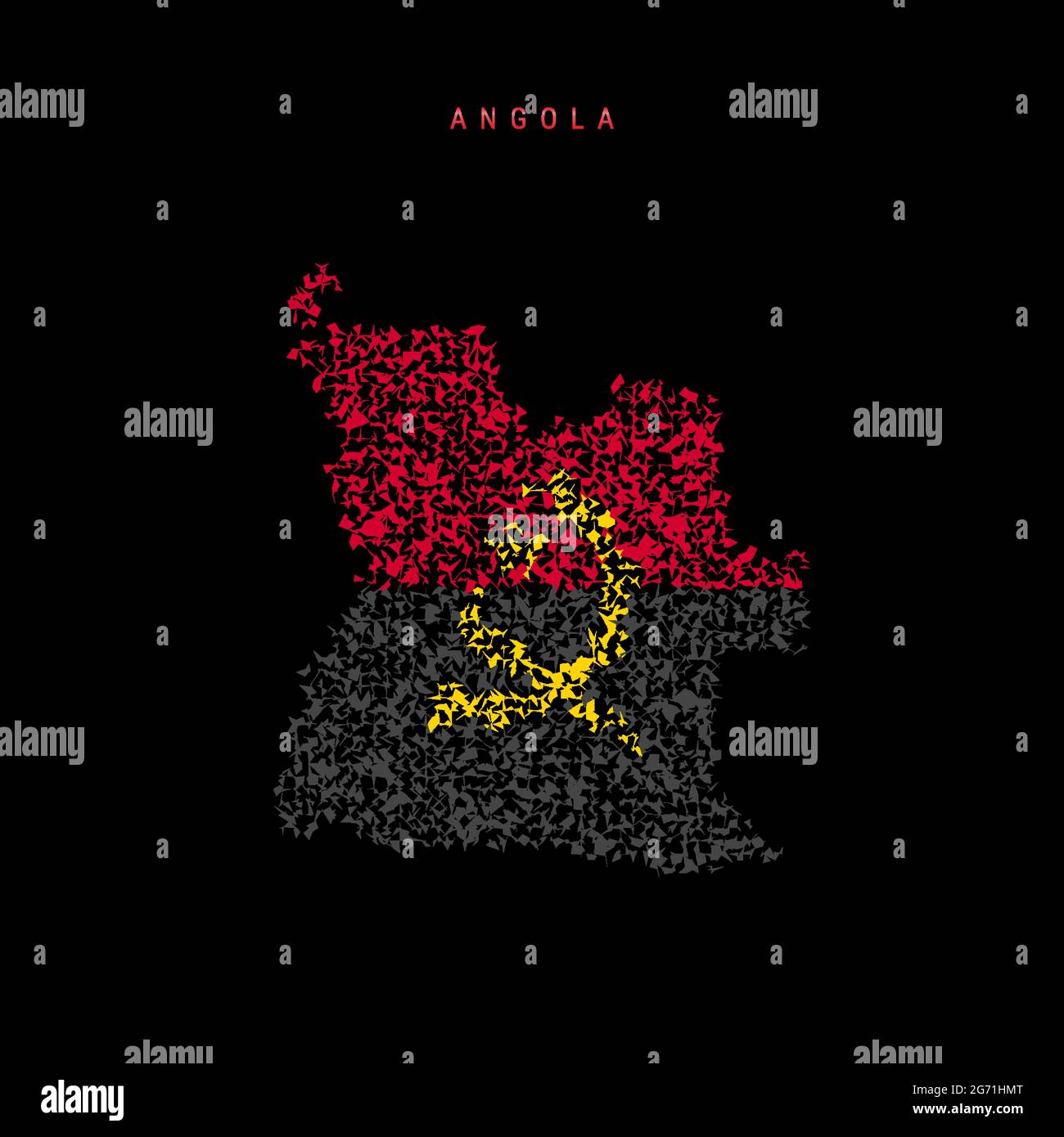 Angola flag map, chaotic particles pattern in the colors of the Angolan ...