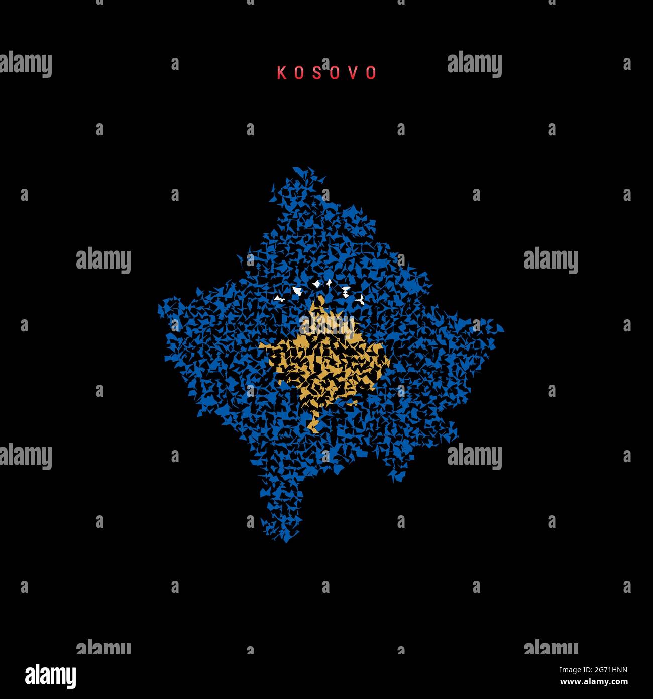 Kosovo flag map, chaotic particles pattern in the colors of the Kosovan ...