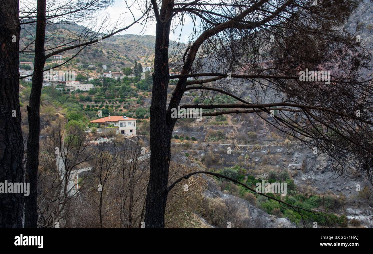 Mountain fire with burned land and disaster on agriculture. Village of ...