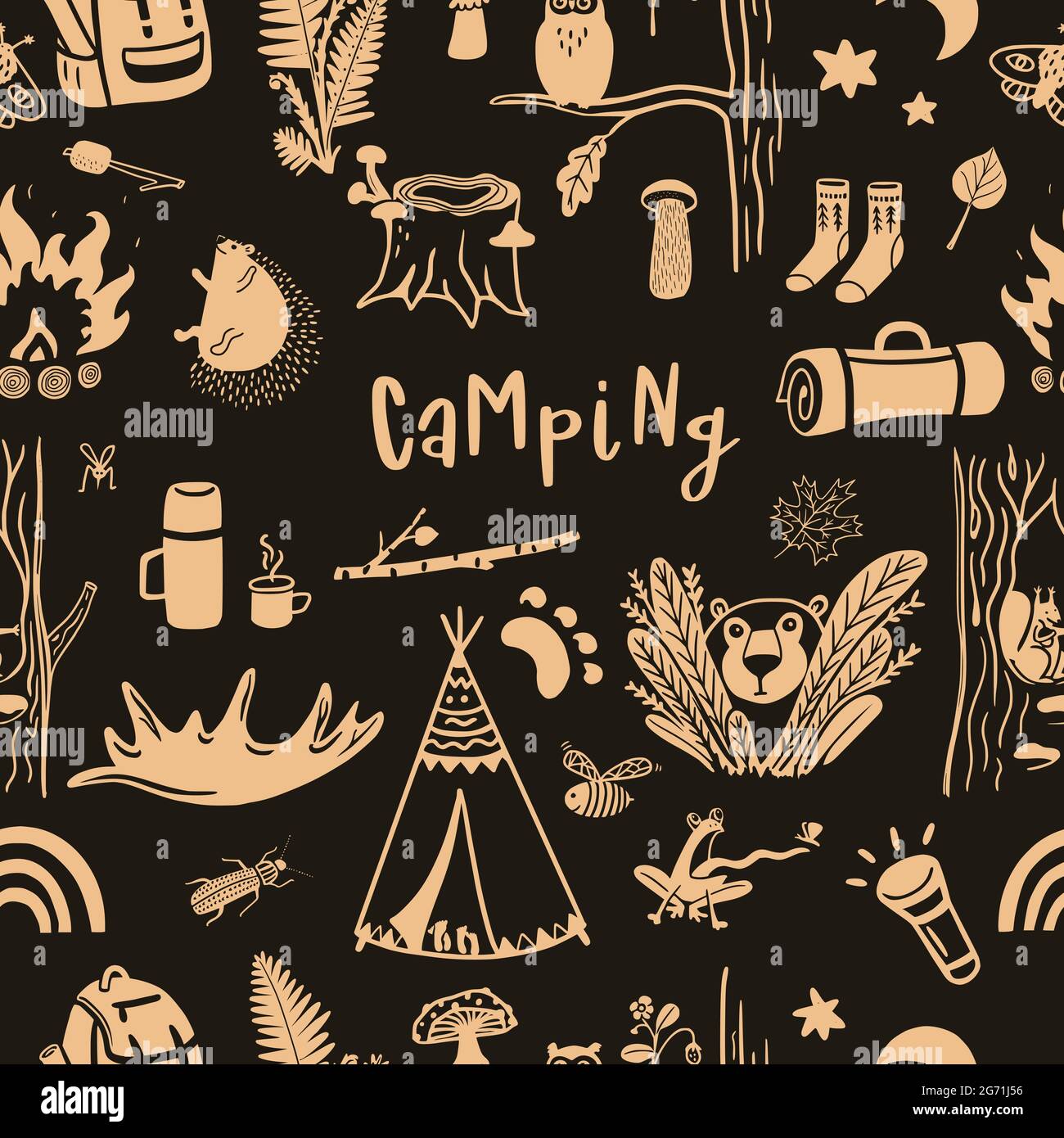 Camping hand drawn cute vector pattern against the dark background ...