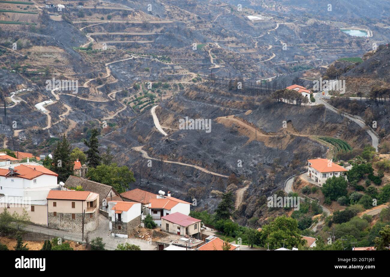 Mountain fire with burned land and disaster on agriculture. Odou ...