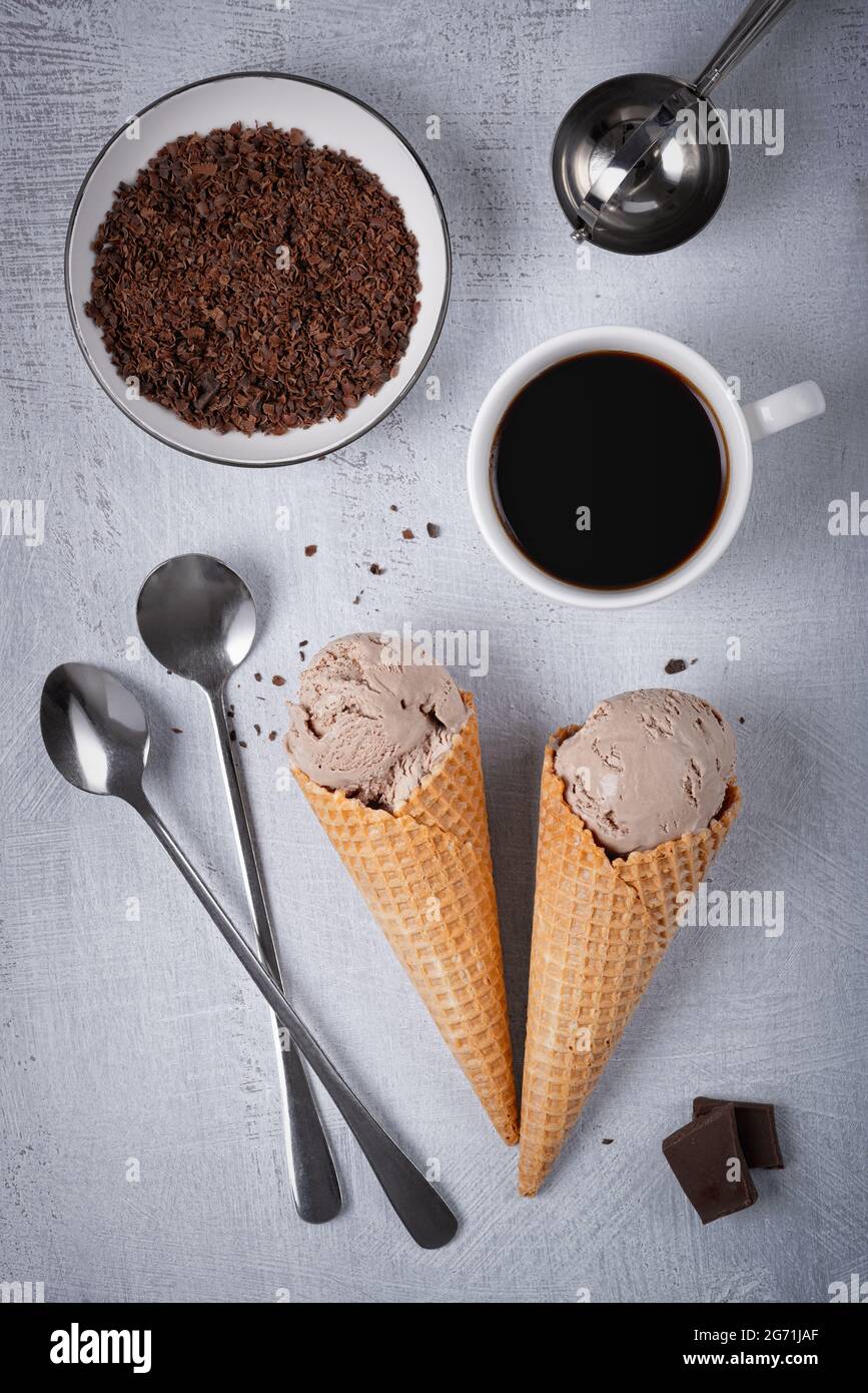 Chocolate coffee ice cream in a waffle cone Stock Photo - Alamy