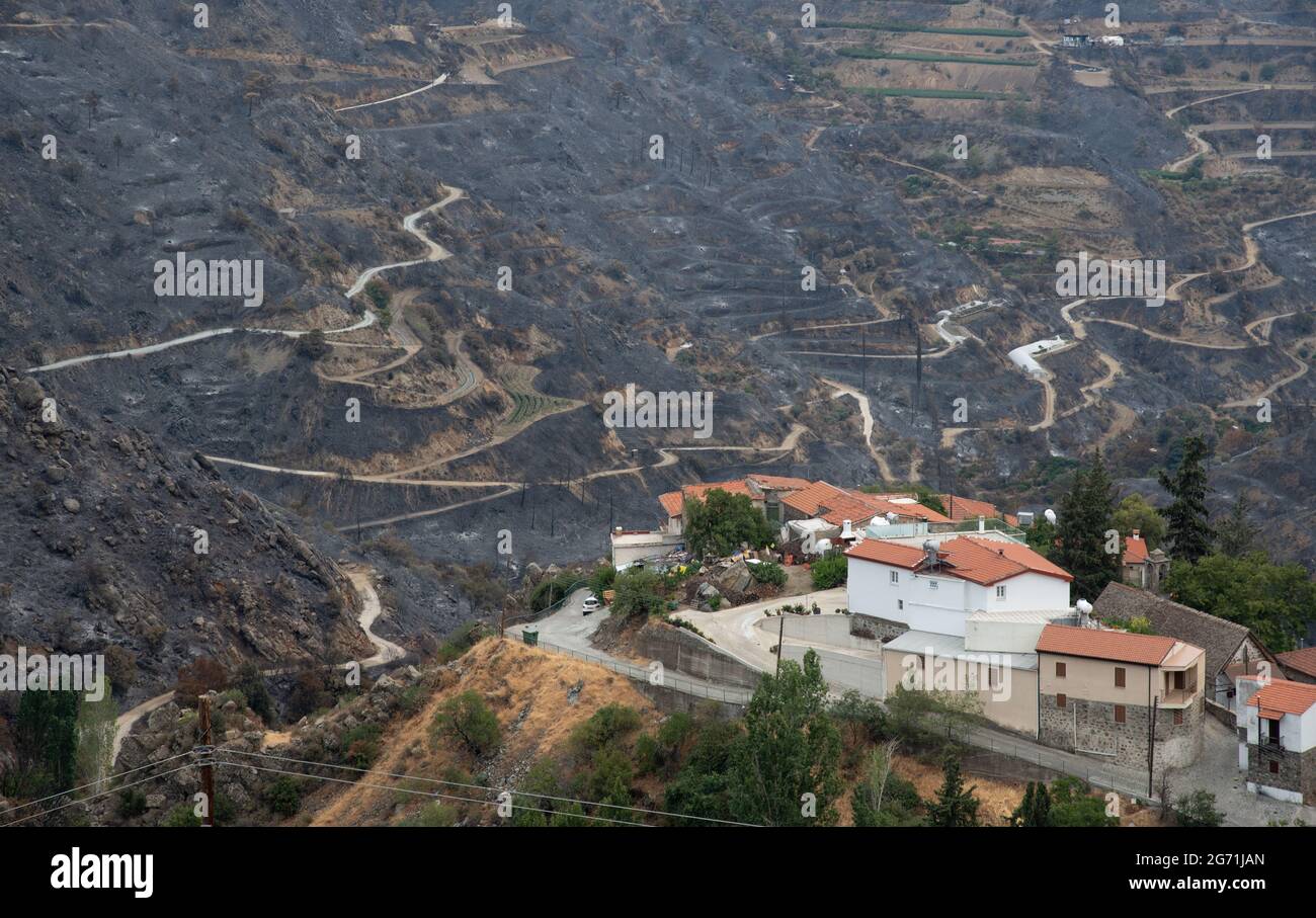 Mountain fire with burned land and disaster on agriculture at the ...