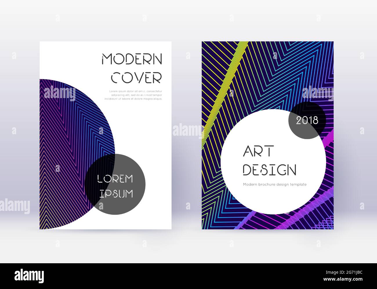 Trendy cover design template set. Rainbow abstract lines on dark blue ...