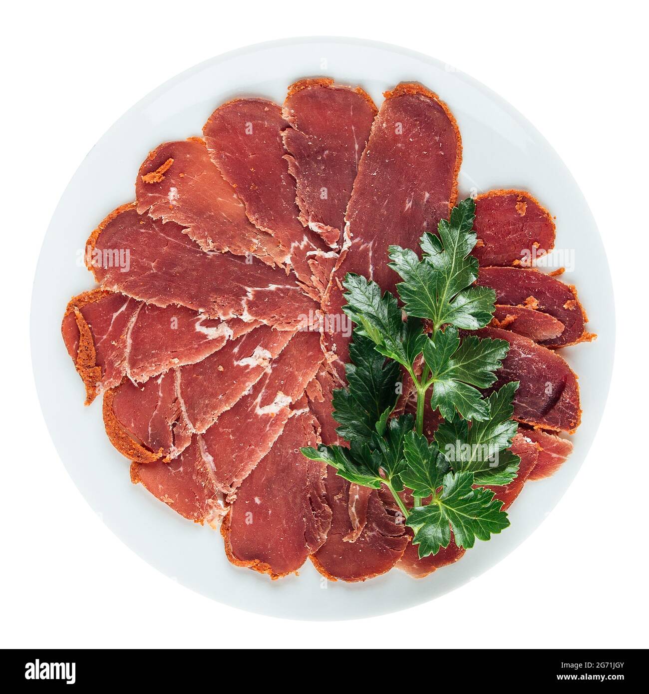 Isolated plate of dried beef tenderloin basturma Stock Photo - Alamy