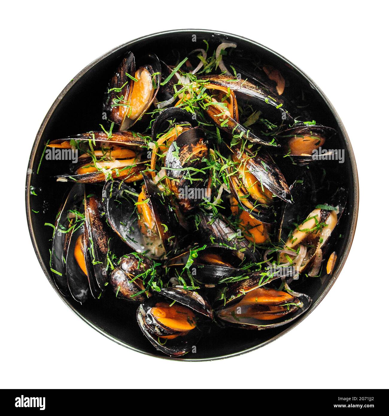 Isolated black bowl of cooked mussels Stock Photo - Alamy
