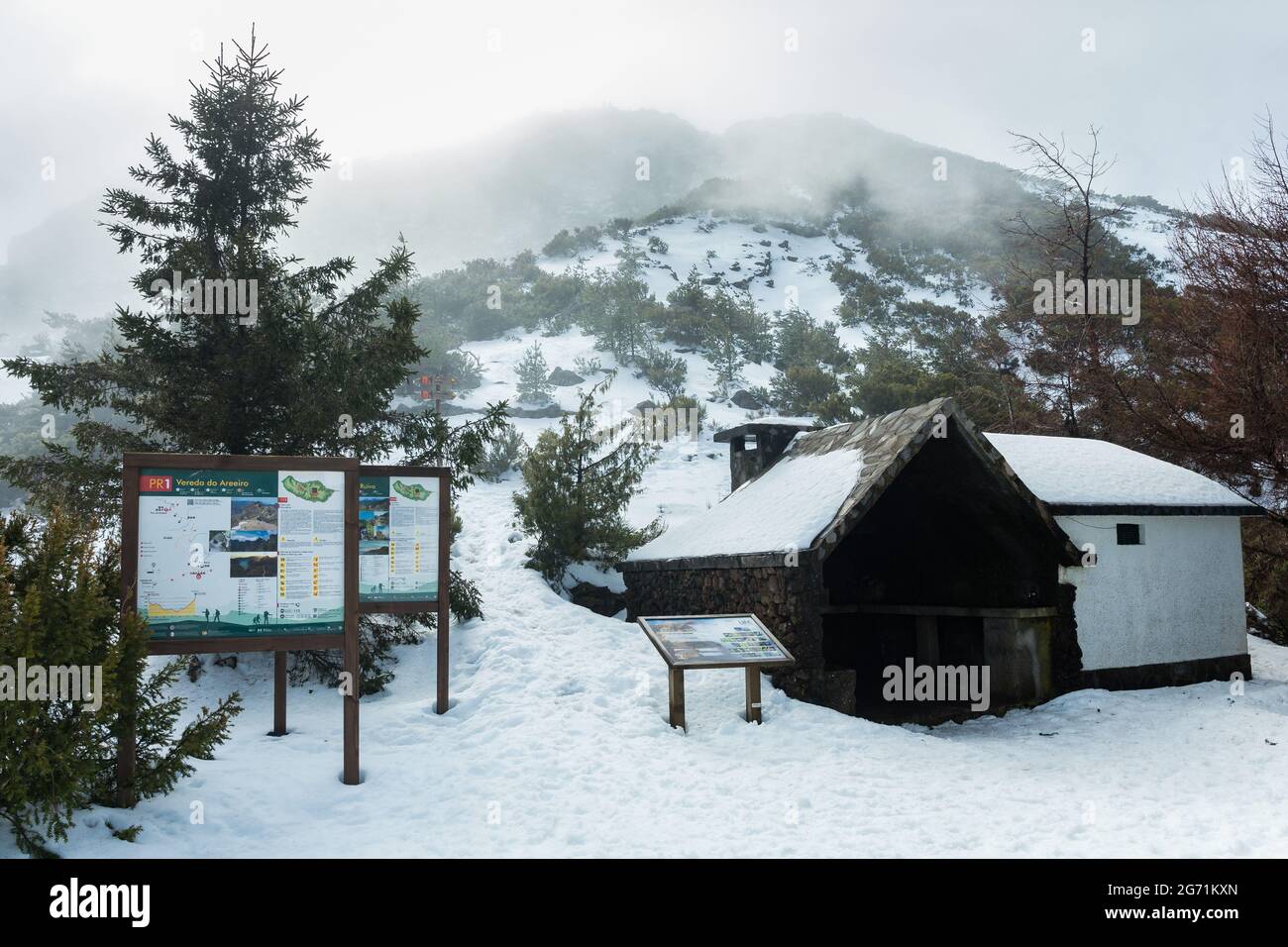 Shelter house covered with snow in Pico Ruivo footpath, Santana ...