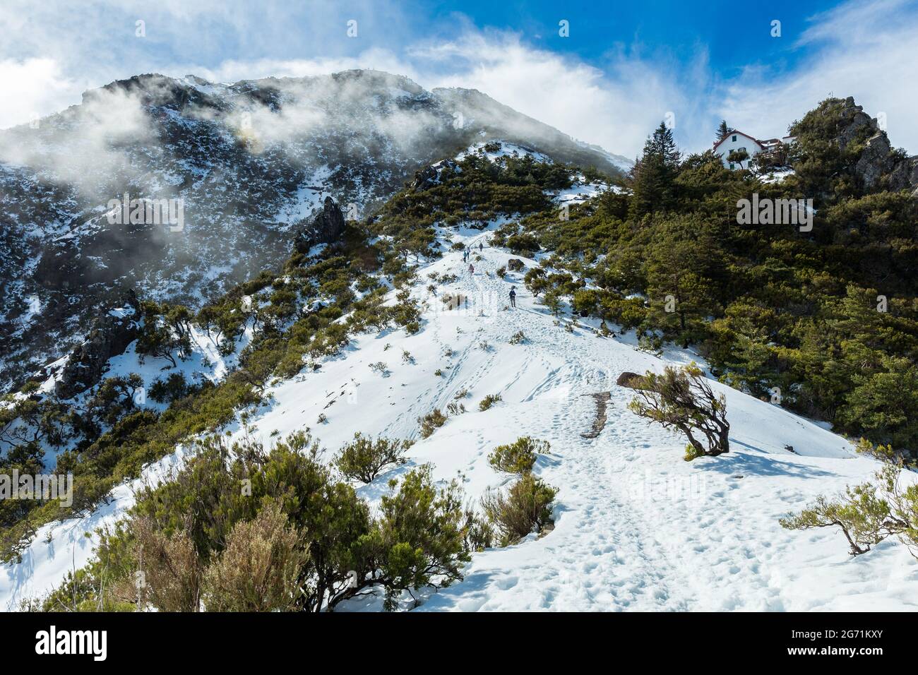 Overview of Pico Ruivo footpath covered with snow in Santana, Madeira ...