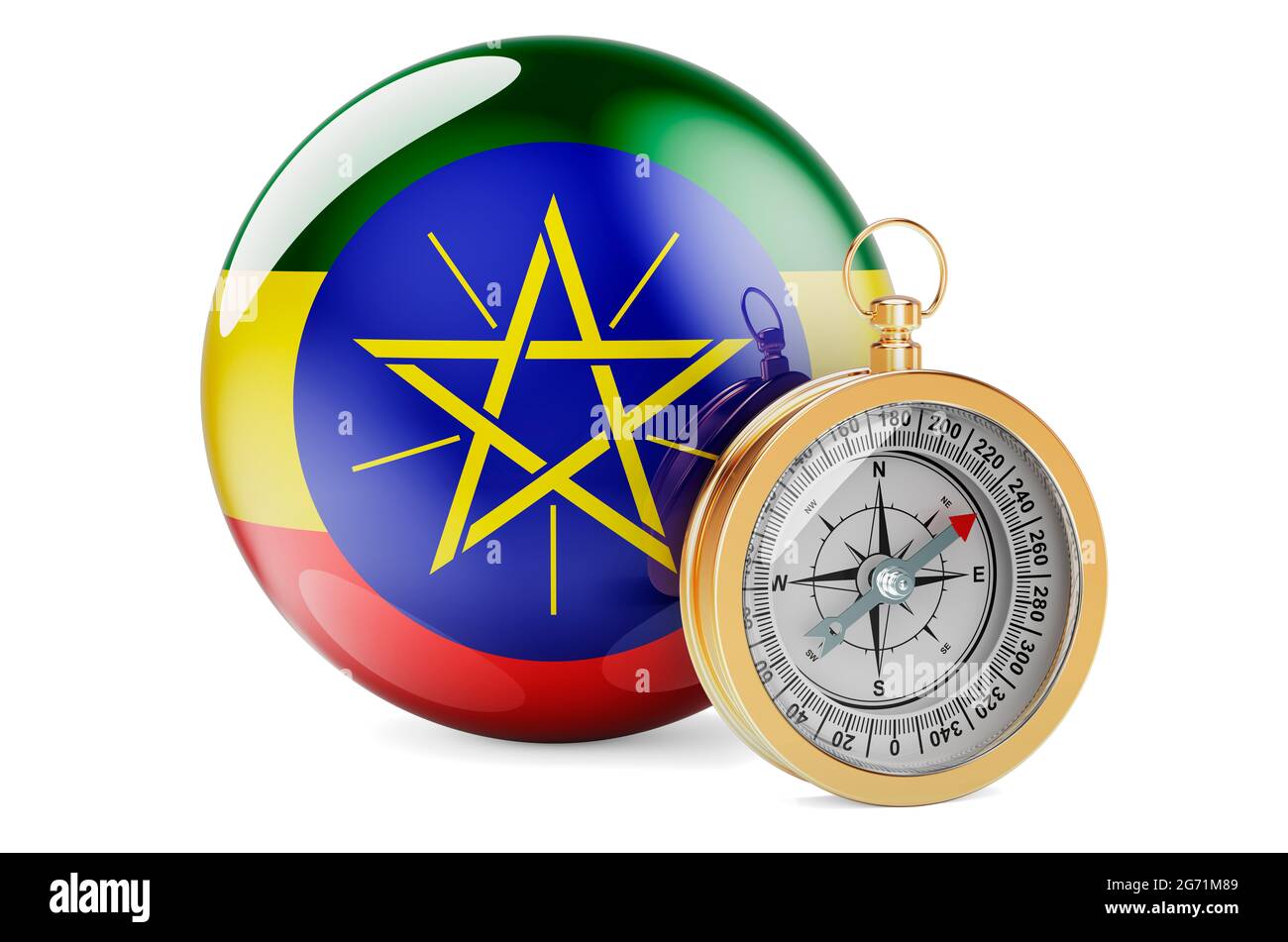 Compass with Ethiopian flag. Travel and tourism in Ethiopia concept. 3D ...