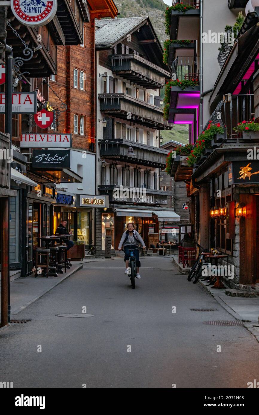 Early Morning in the Main Street of Zermatt, Switzerland Stock Photo ...
