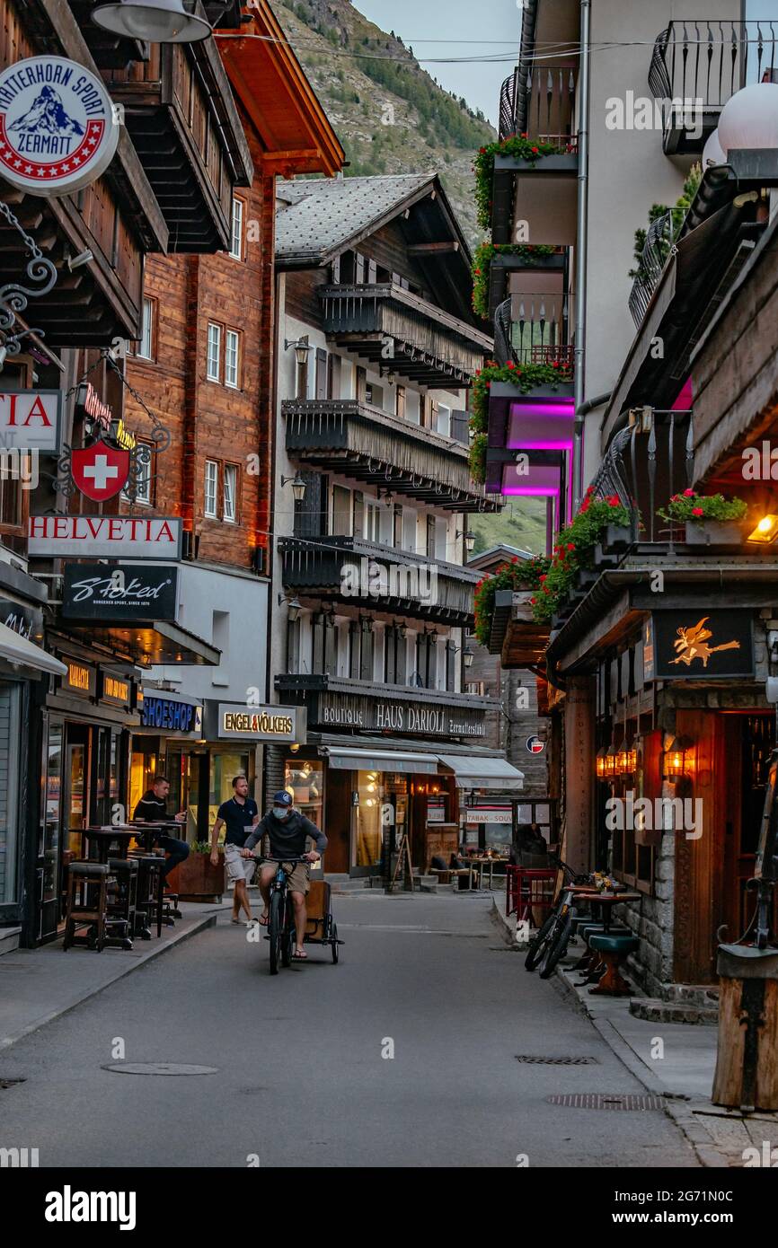 Early Morning in the Main Street of Zermatt, Switzerland Stock Photo ...