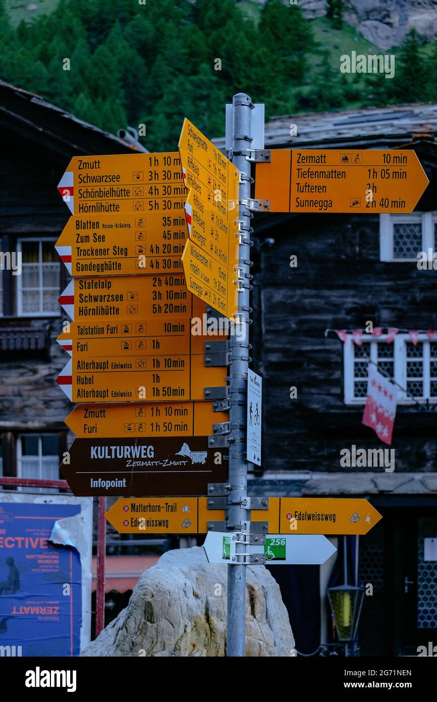 Hiking Signs in the Village Center - Zermatt, Switzerland Stock Photo ...