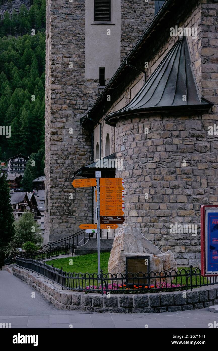 Hiking Signs in the Village Center - Zermatt, Switzerland Stock Photo ...
