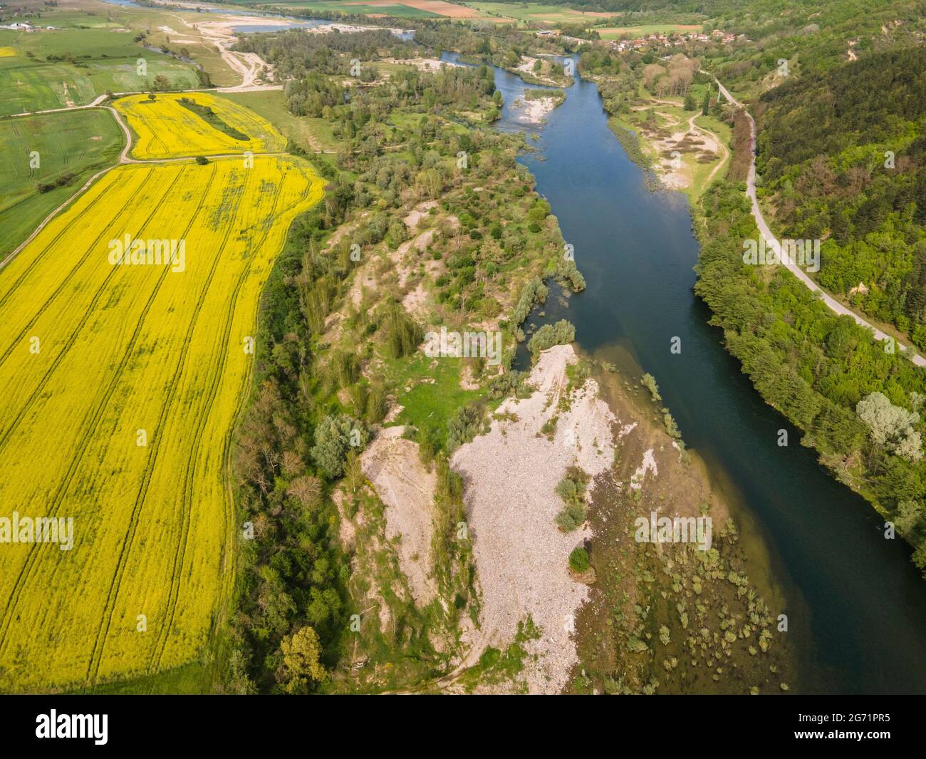 Aerial view of Arda River, passing through the Eastern Rhodopes near ...