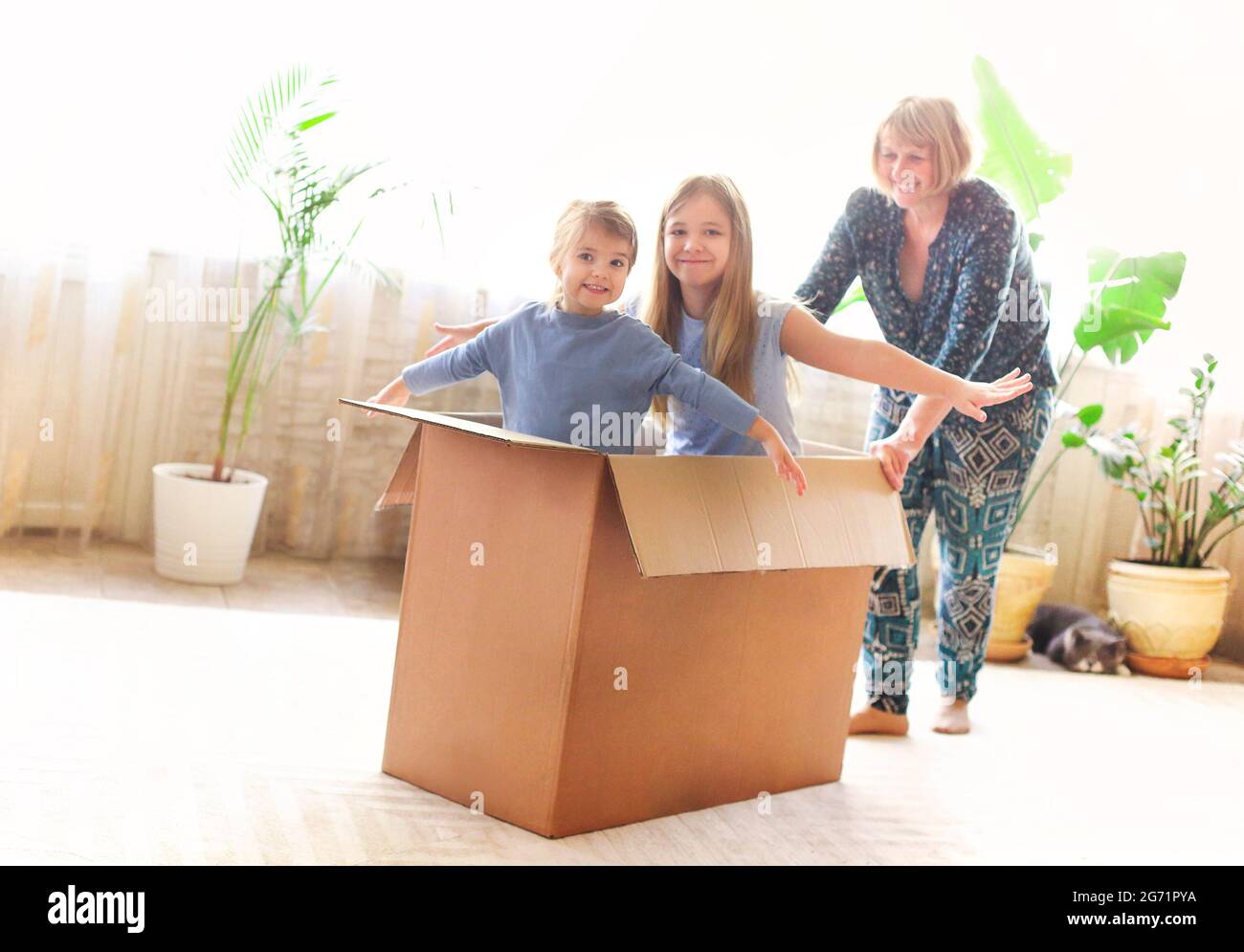 Senior woman smiling and pushing carton box with cheerful girls while ...