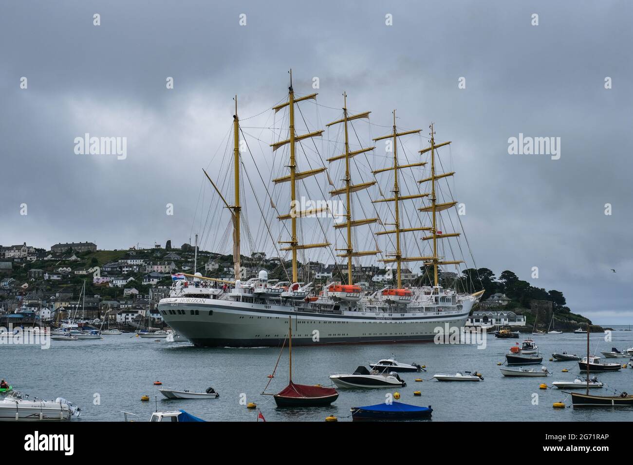 Fowey, Cornwall, UK. 10th July 2021. The SV Golden Horizon, which is ...