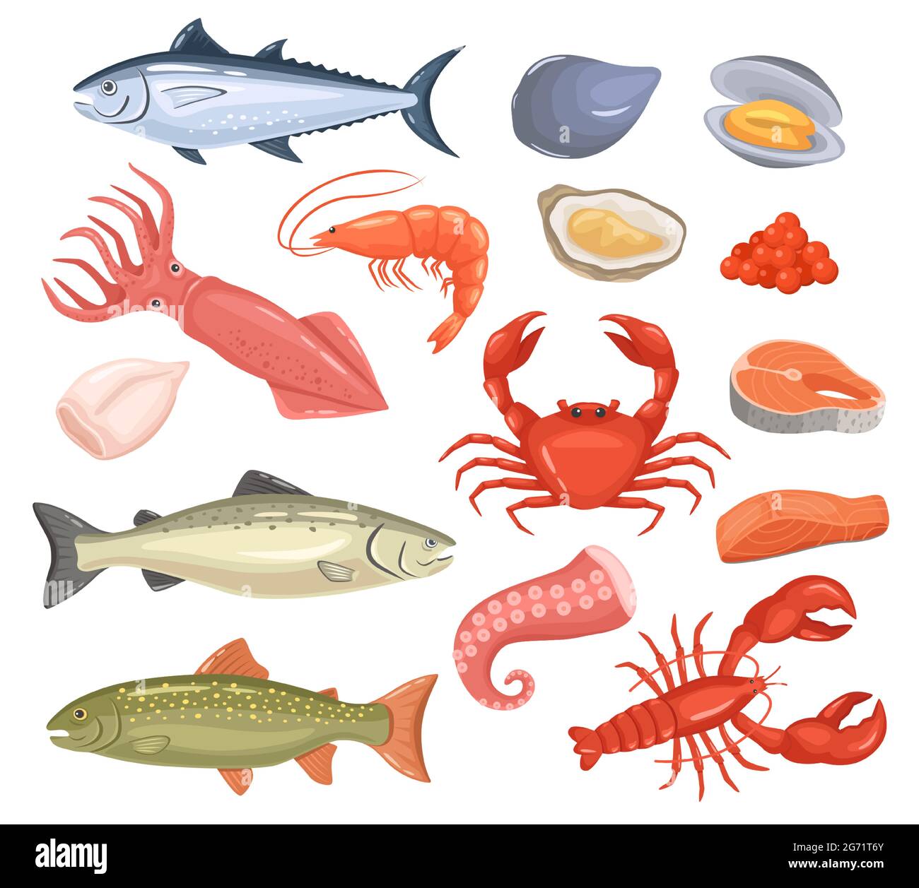 Cartoon seafood. Fresh fish, oyster, lobster, red tuna, salmon, octopus ...