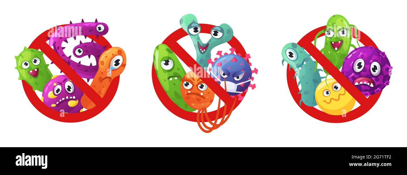 Stop microbes sign. Red prohibition signs with bacteria, viruses and ...