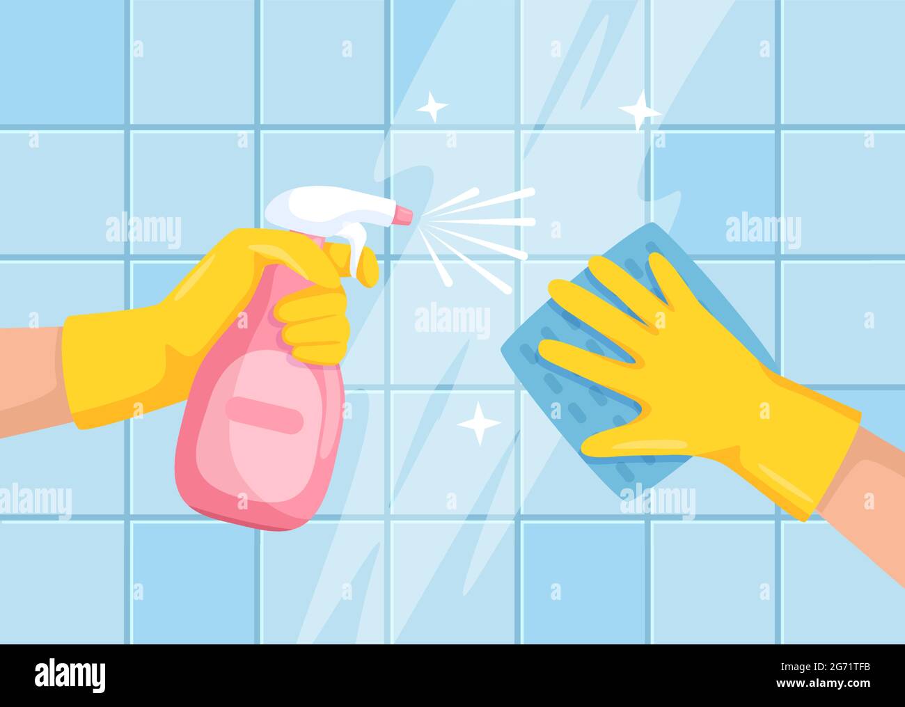 Cleaning surface. Hands with spray bottle and cloth wiping bathroom ...