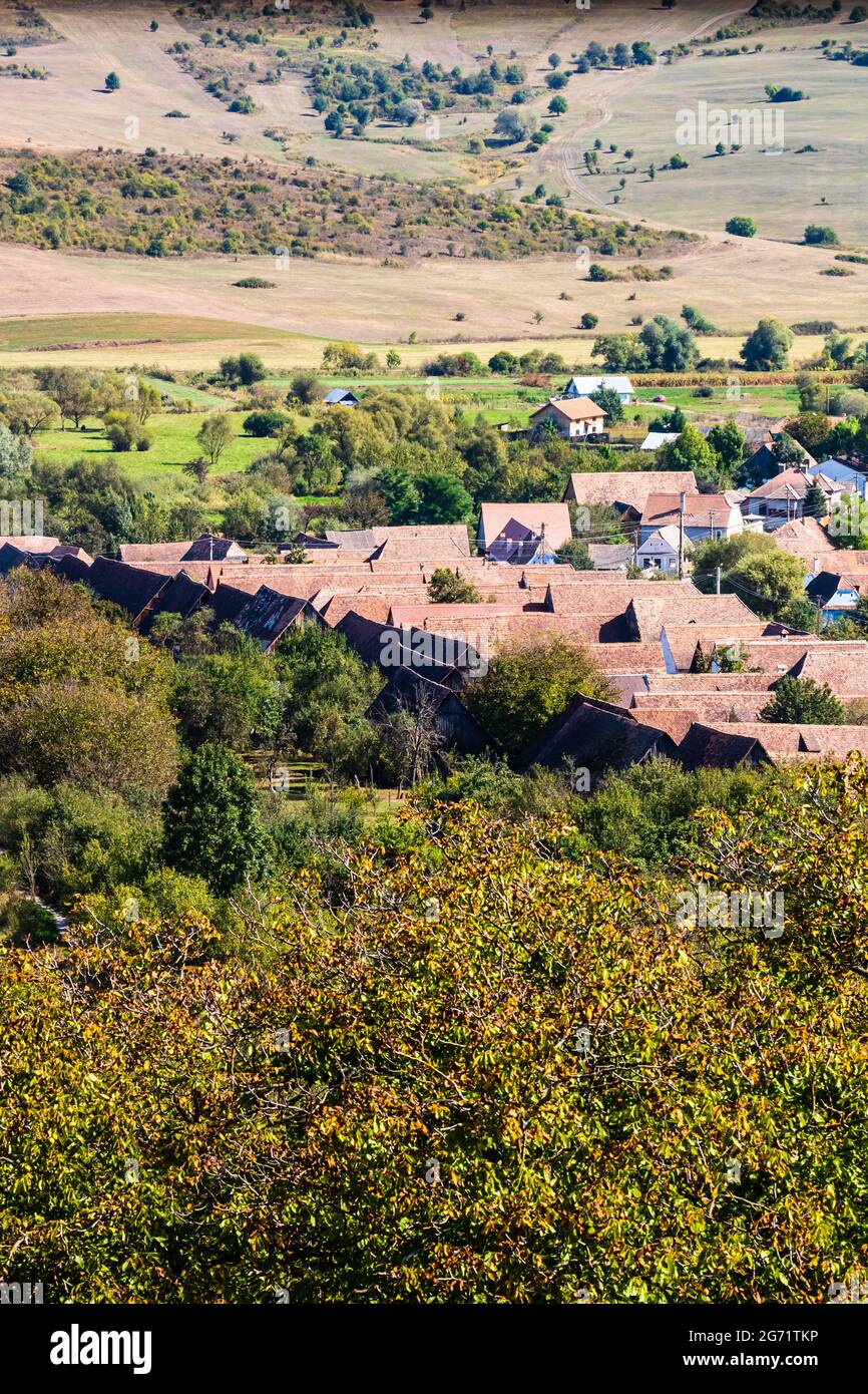 Aerial view of a countryside with vegetation, fields and houses in ...