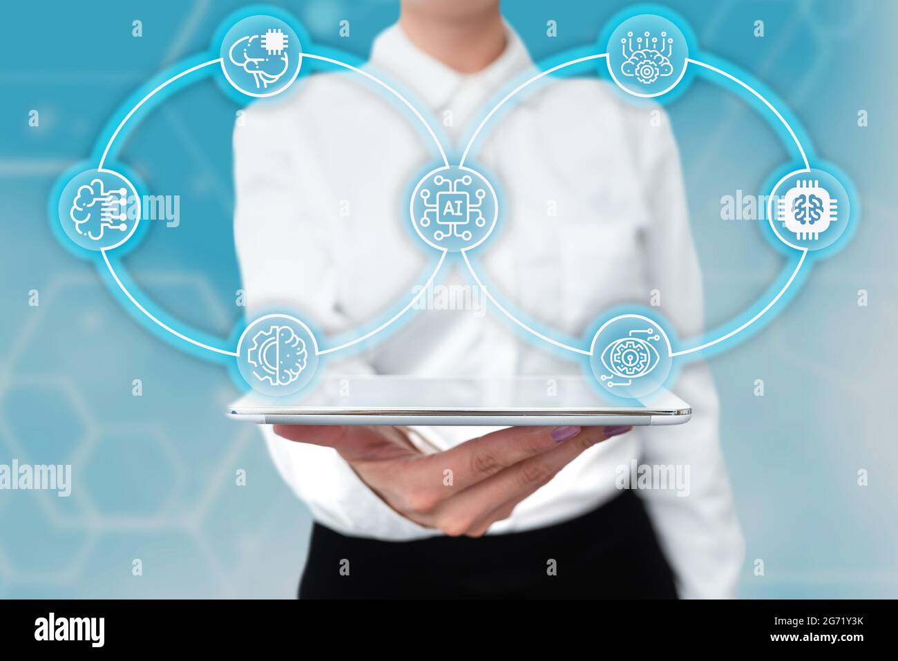 Lady In Uniform Standing Holding Tablet In Hand Presenting Virtual ...