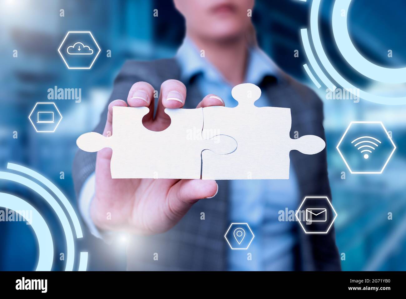 Business Woman Holding Jigsaw Puzzle Piece Unlocking New Futuristic ...