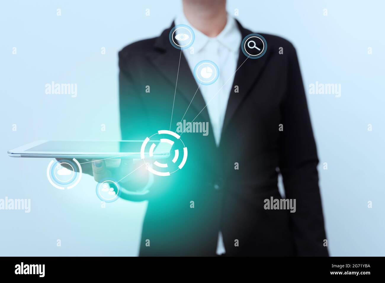 Woman In Uniform Standing And Displaying Mobile Device Using Futuristic Virtual Image Display ...