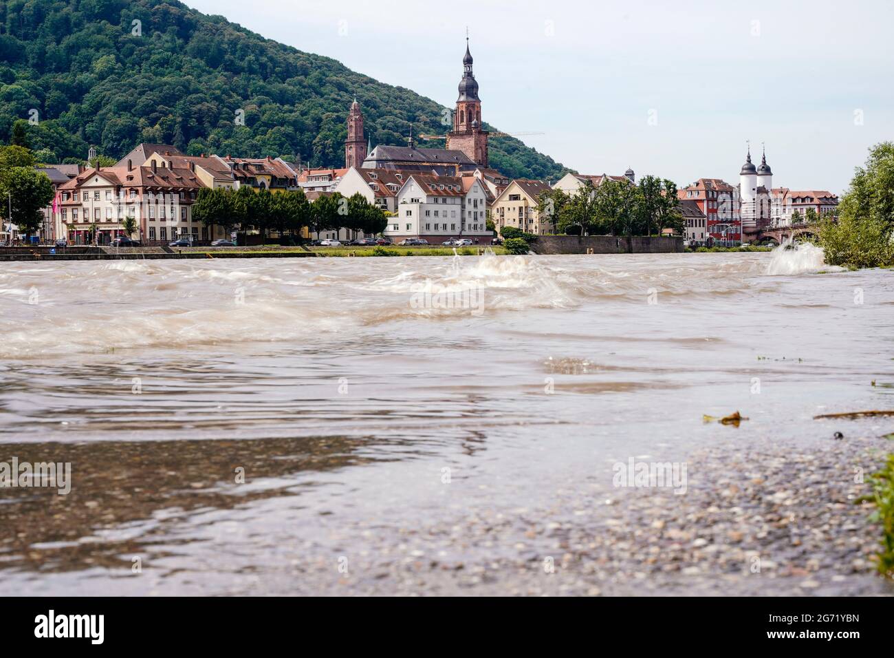 Heidelberg, Germany. 10th July, 2021. River water of the Neckar floods ...