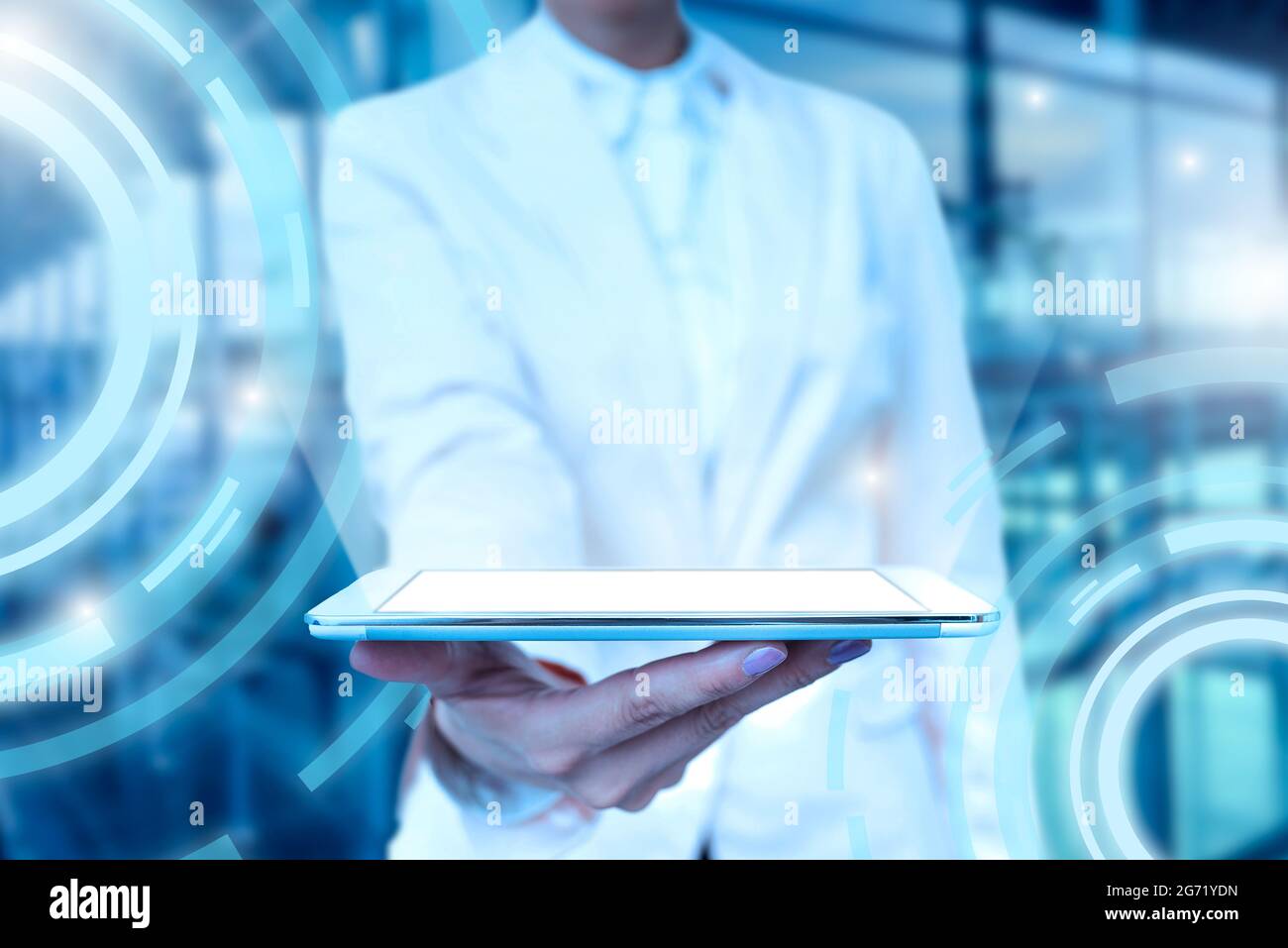 Lady In Uniform Standing Holding Tablet In Hand Presenting Virtual ...
