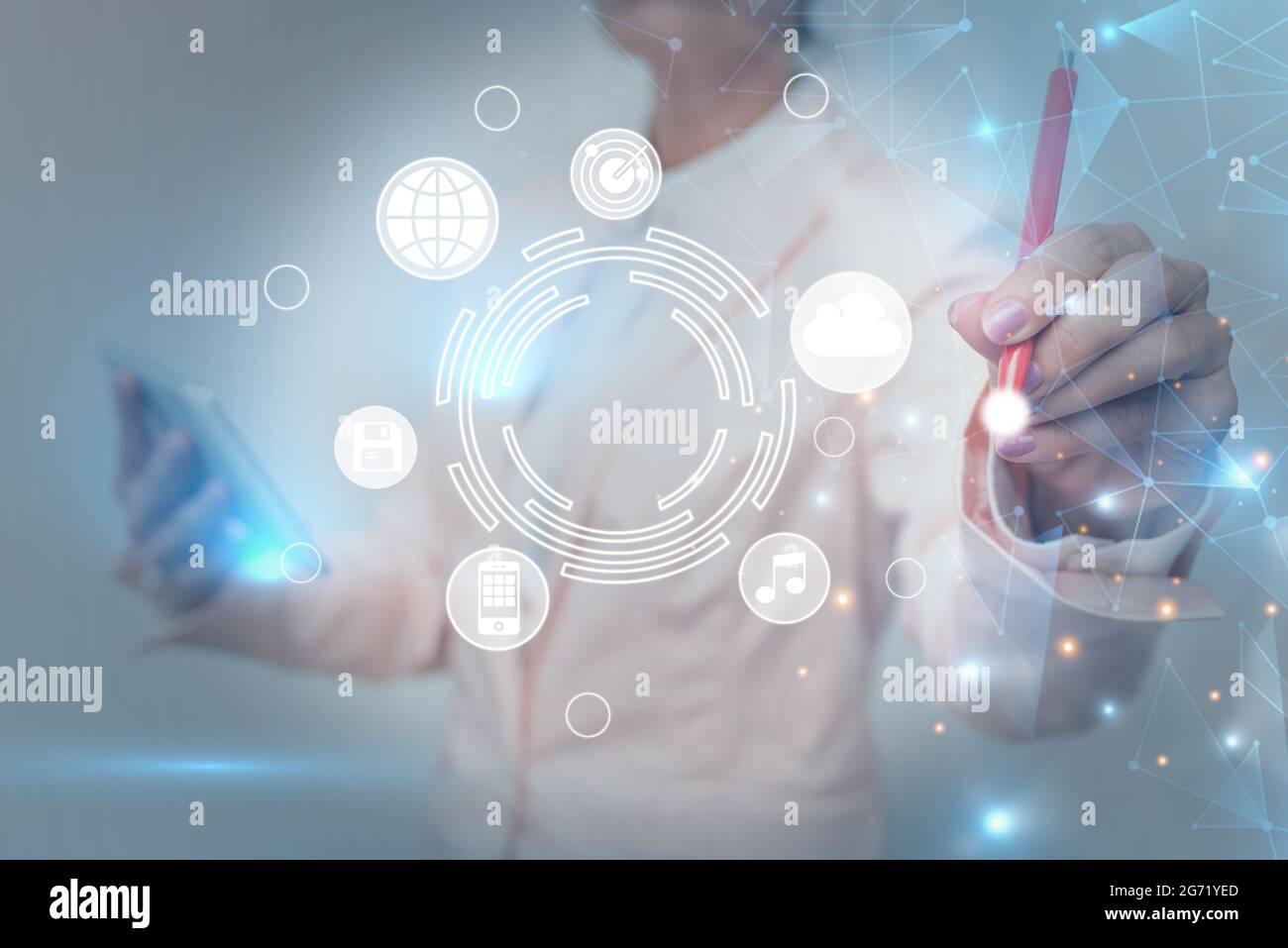 Business Woman Touching Futuristic Virtual Display Technology, Lady In ...