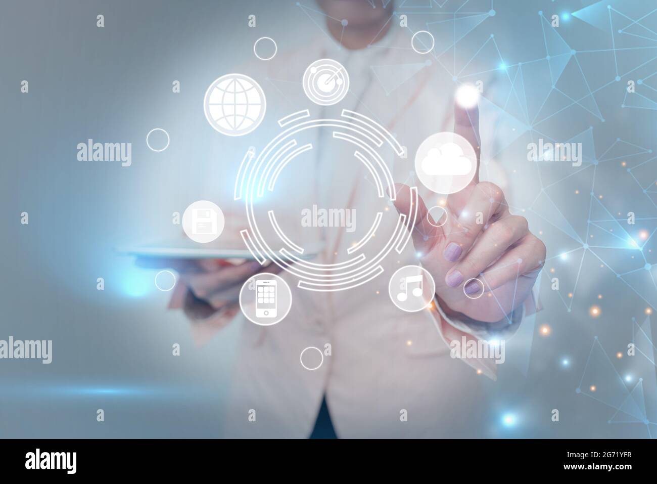 Business Woman Touching Futuristic Virtual Display Technology, Lady In ...