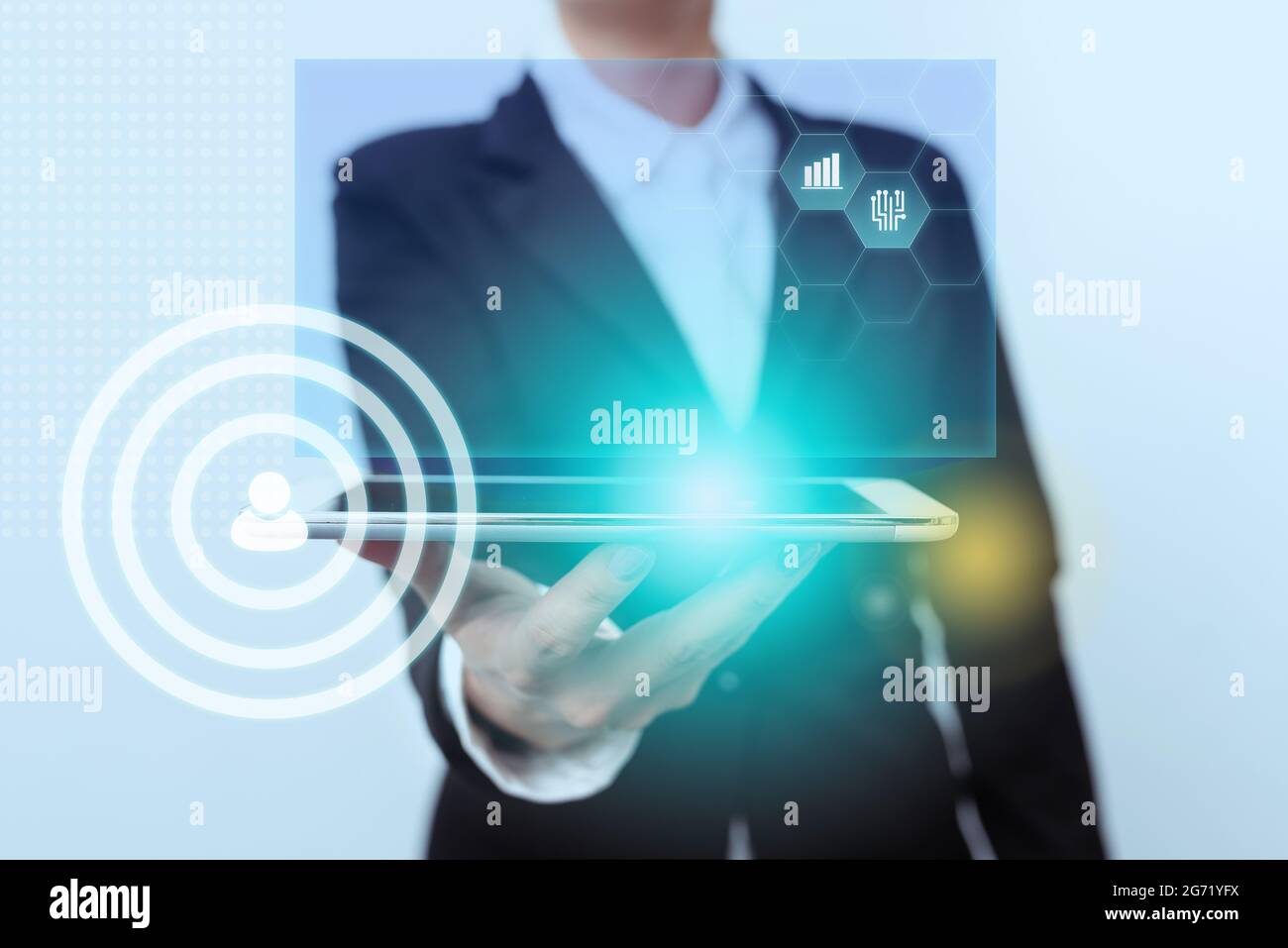 Lady In Suit Standing Presenting Mobile Device Futuristic Interface ...