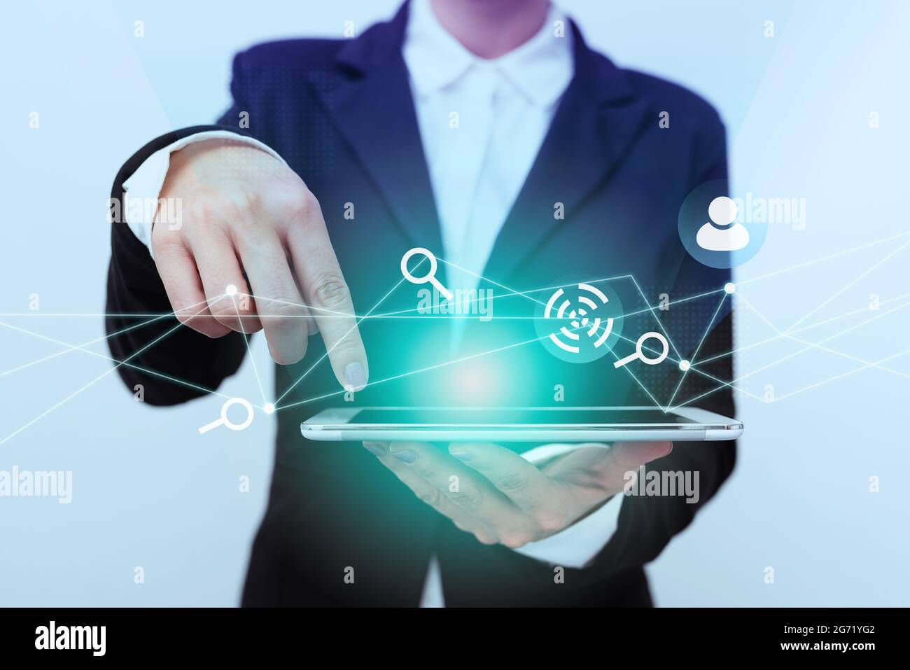 Lady In Suit Standing Pointing On Tablet Showing Futuristic Graphic ...